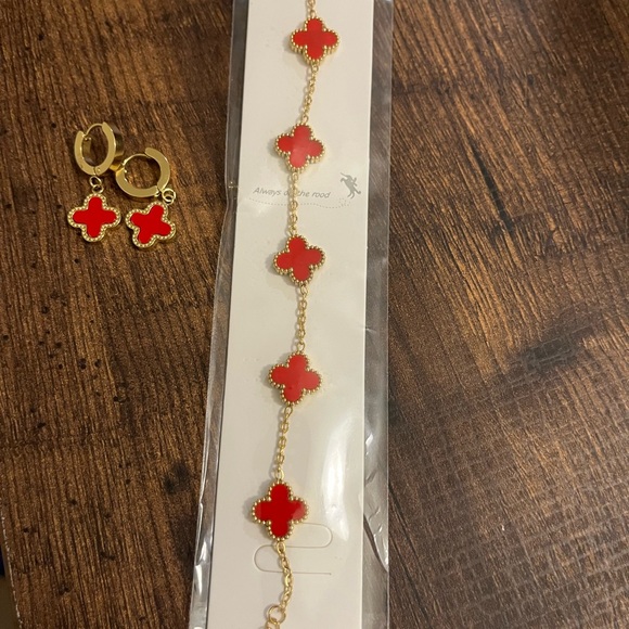 Jewelry | Gold And Red Clover Bracelet And Earing Set Van Cleef ...